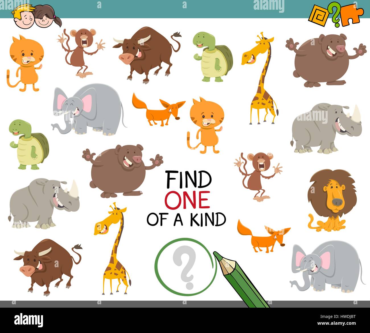 Cartoon Illustration of Find One of a Kind Educational Activity Game ...