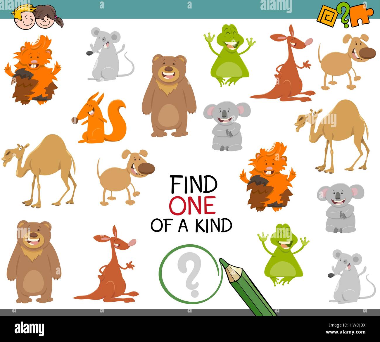 Cartoon Illustration of Find One of a Kind Educational Activity Game ...
