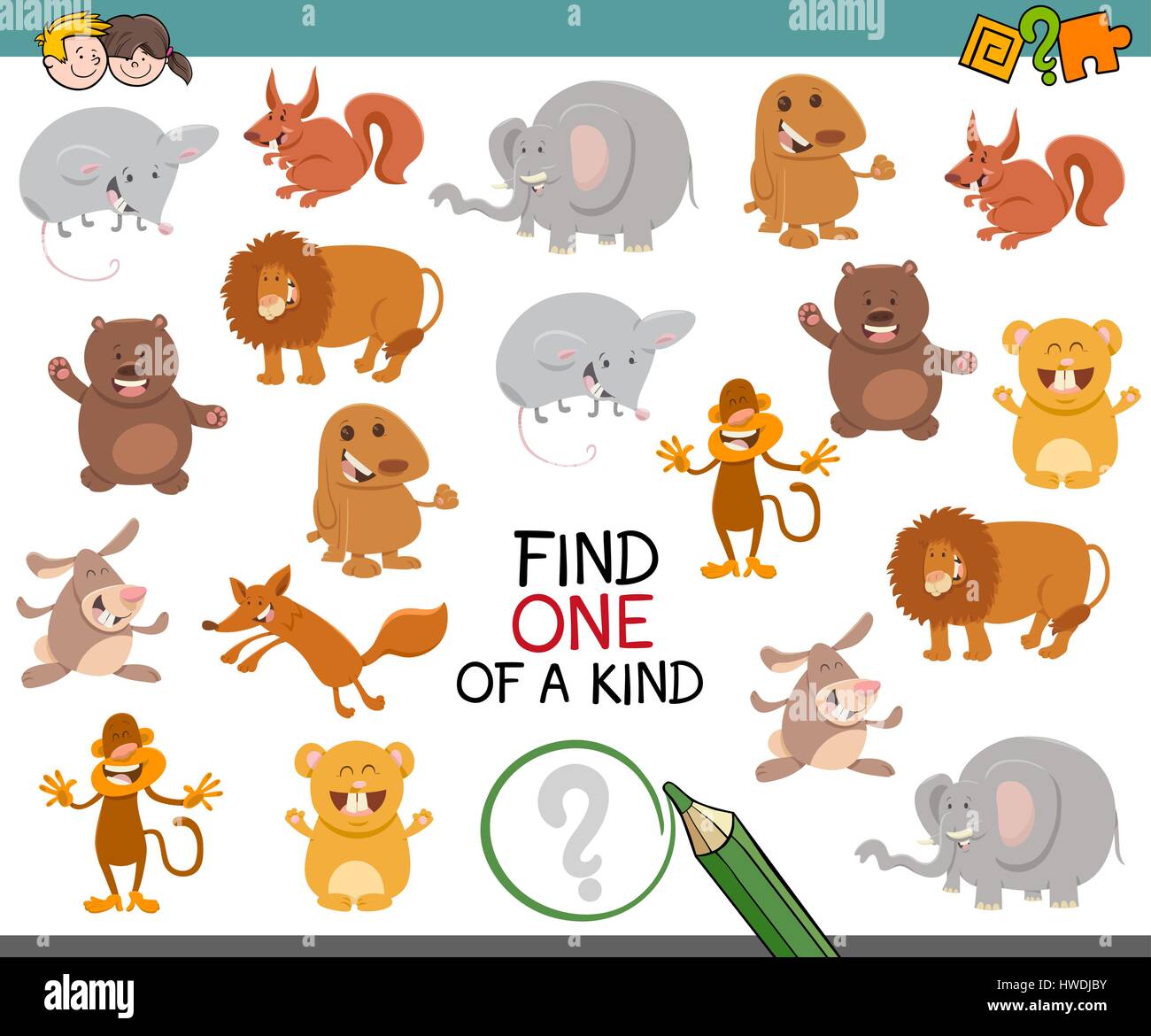 Cartoon Illustration of Find One of a Kind Educational Activity Game ...