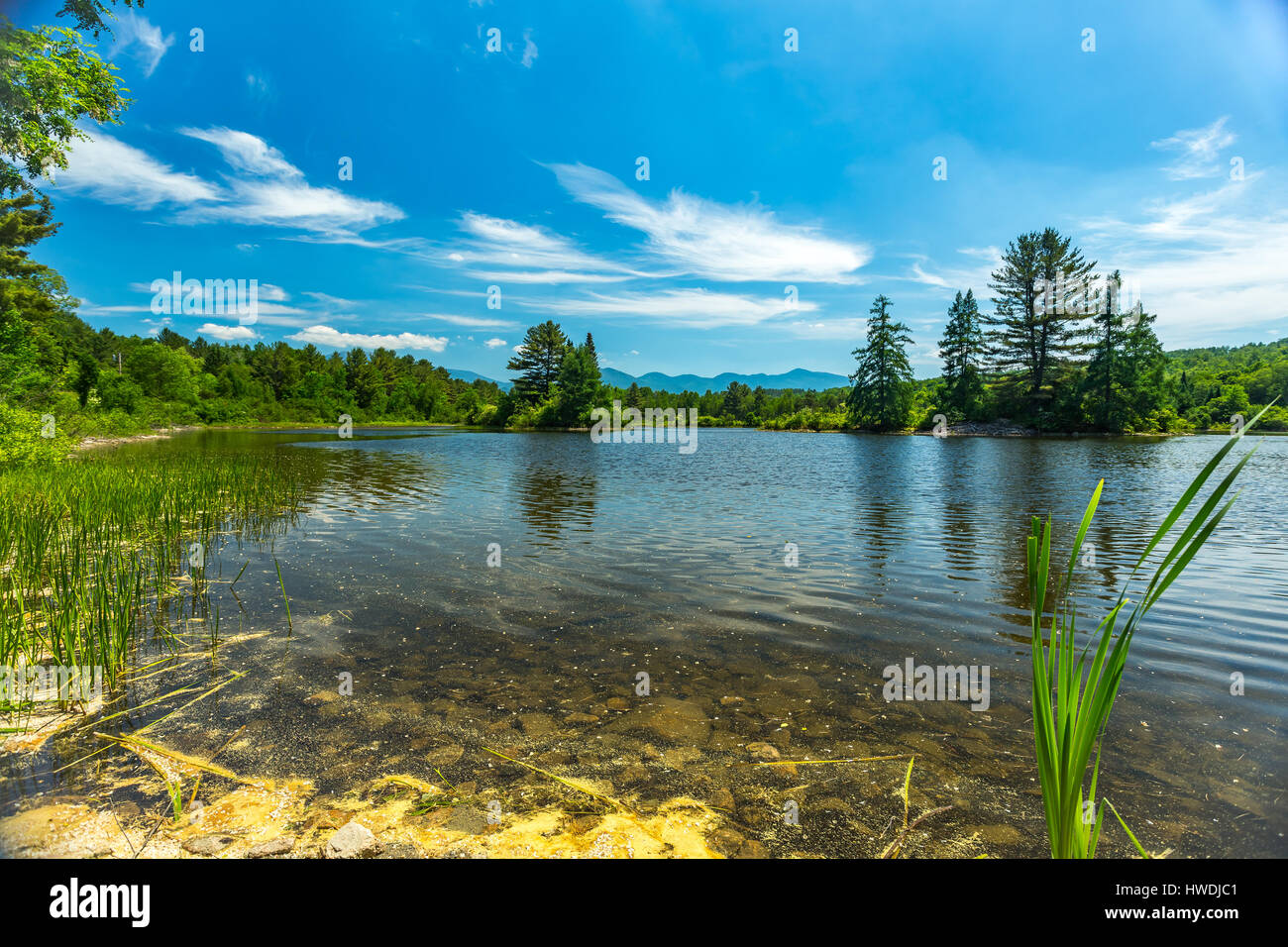 A low angle view of Coffin Pond in New Hampshire with the White ...