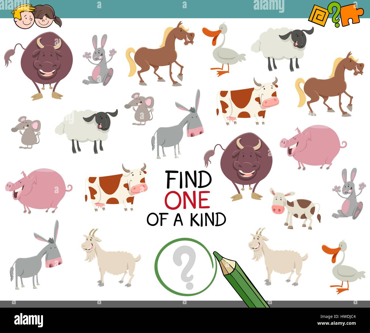 Cartoon Illustration of Find One of a Kind Educational Activity Game ...