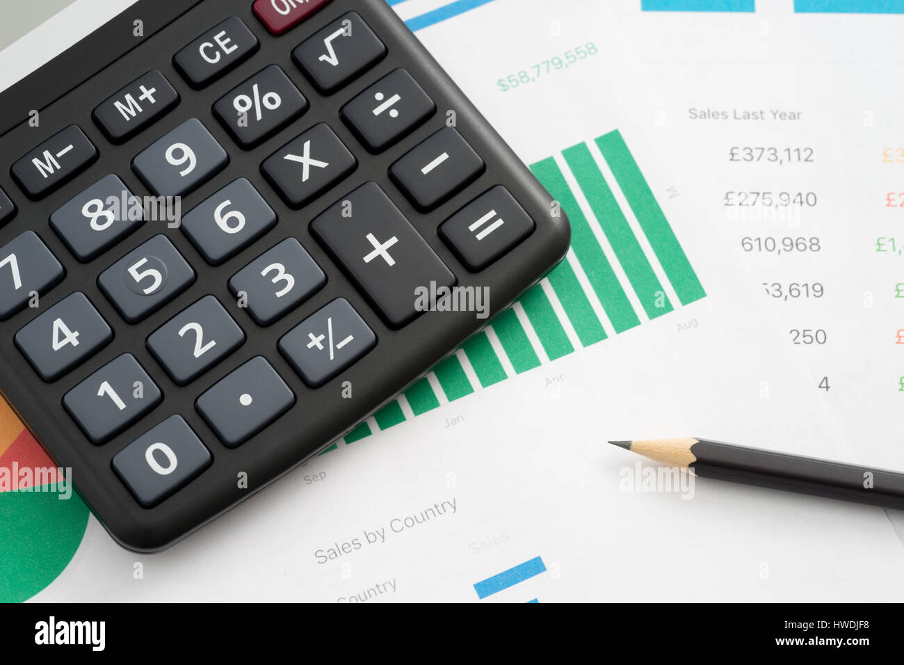 Worktable in the office calculator and pencil Stock Photo - Alamy