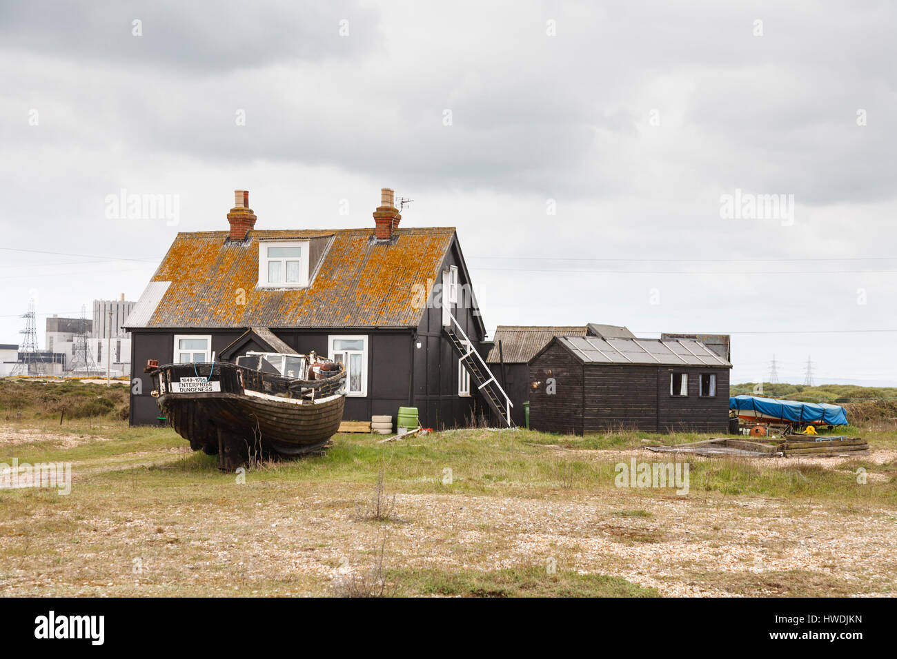 House on the shingle beach at Dungeness, Shepway district, Kent with an ...
