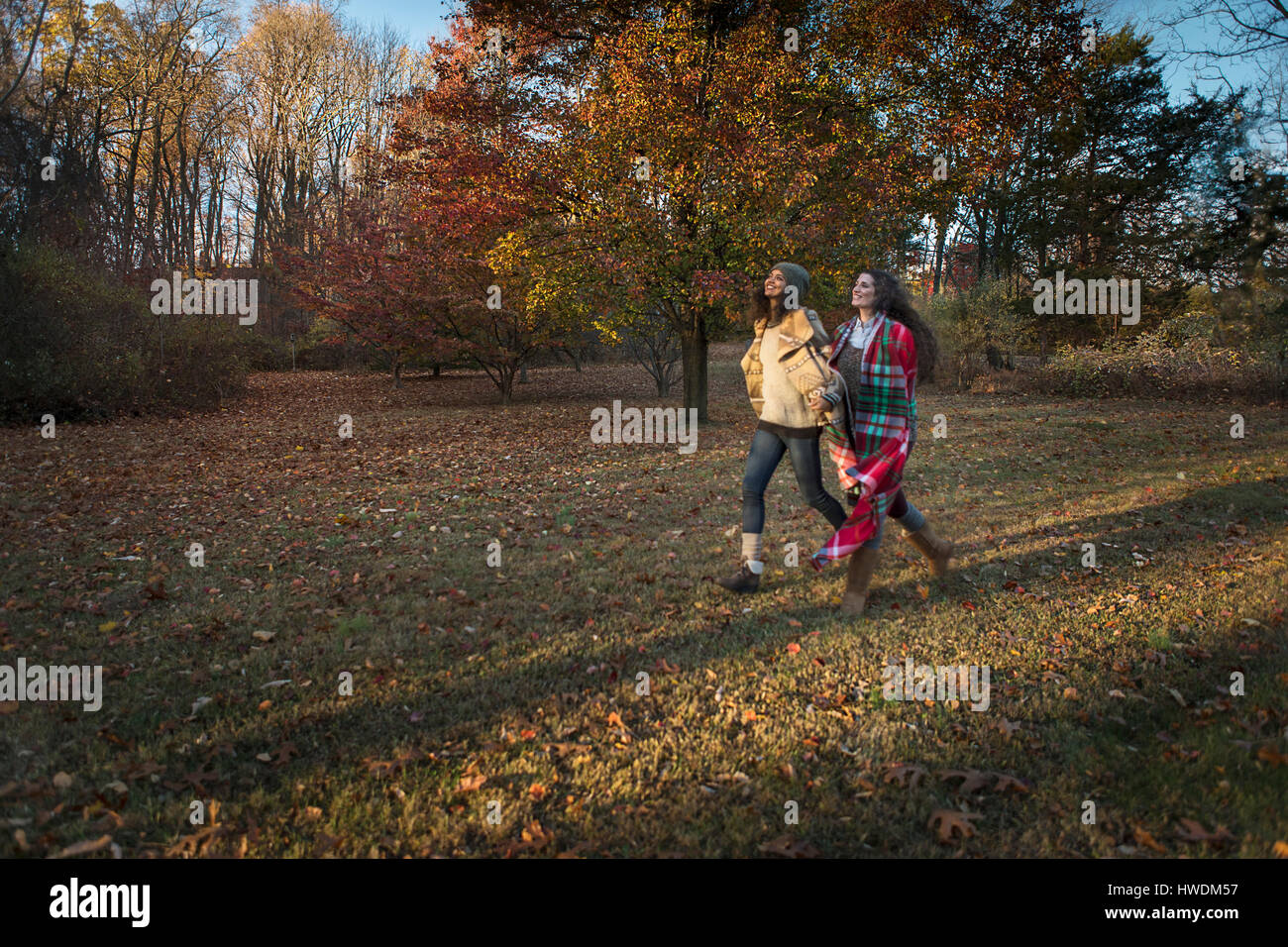 Two female friends striding across autumn park Stock Photo - Alamy