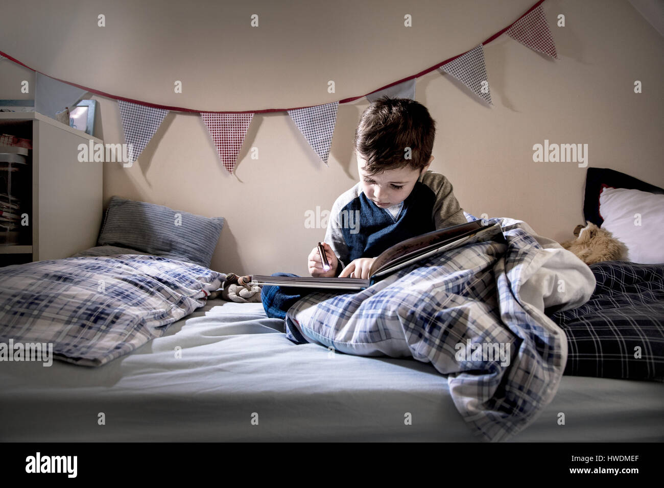 Boy sitting in bed reading book by torchlight Stock Photo - Alamy
