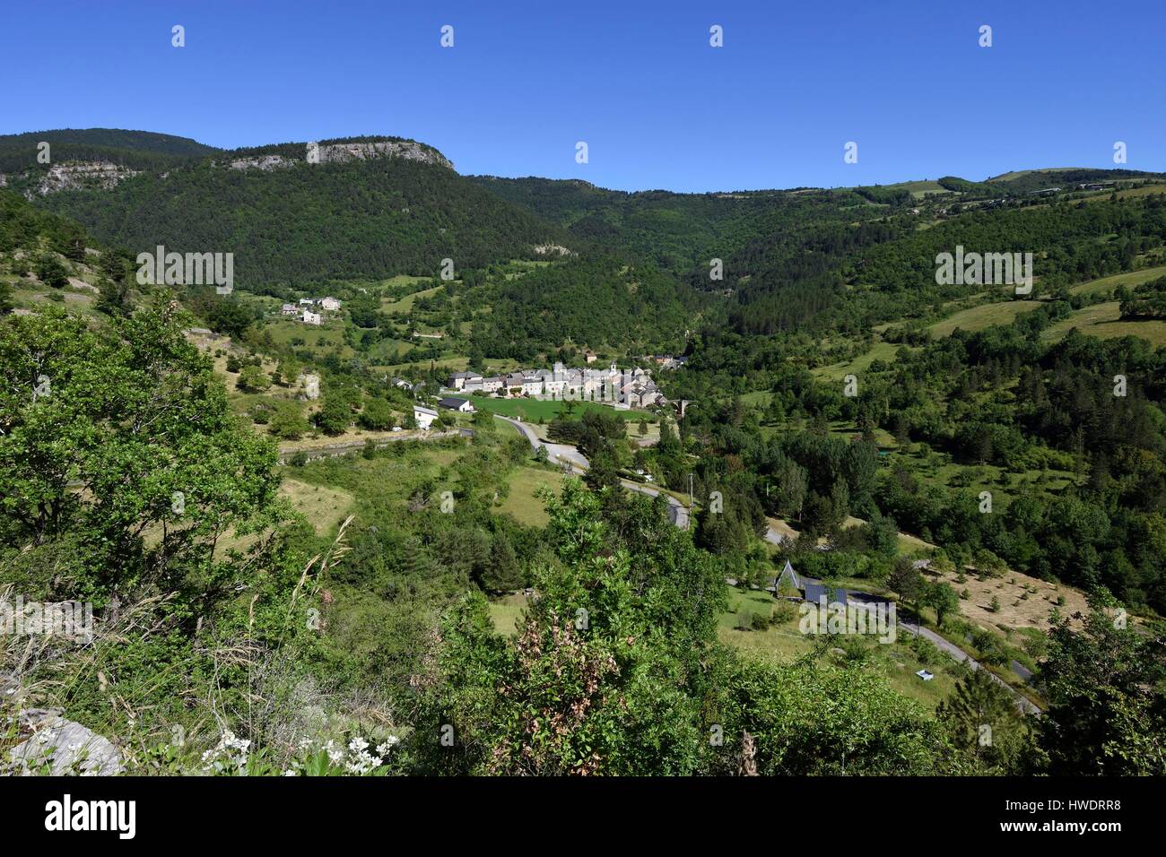 France, Gard, Treves, Gorges of Trevezel, Rocher du Regard, the village ...