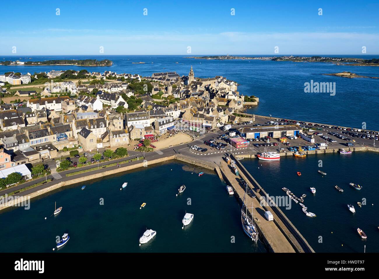 France, Finistere, Roscoff, the village and the harbour (aerial view ...