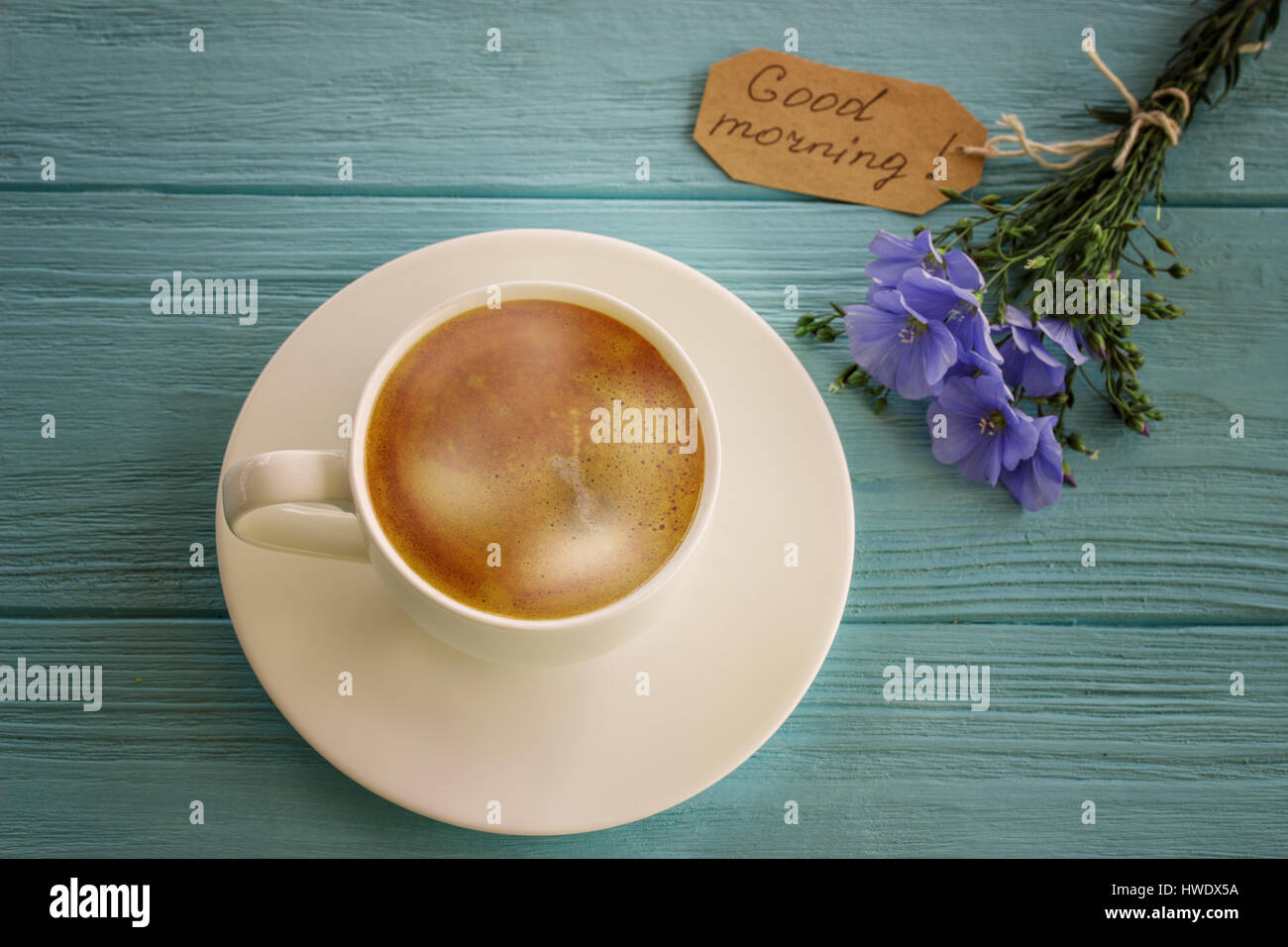 Coffee mug with blue flowers and notes good morning on blue rustic ...