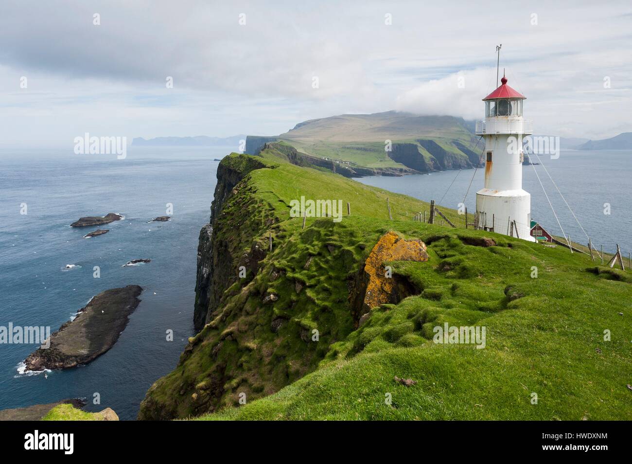 Denmark, Faroe Islands, Mykines Island, Mykinesholmur lighthouse ...