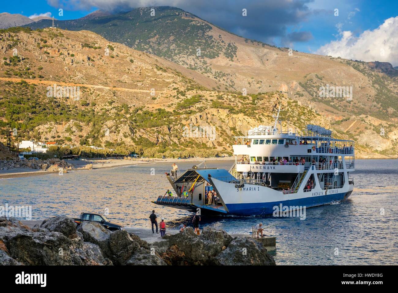 Greece, Crete, southwest coast, arrival by ferry in the little village ...