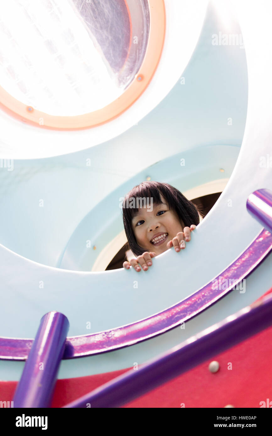 Asian Chinese Little Girl Playing at Indoor Colourful Playground Stock ...