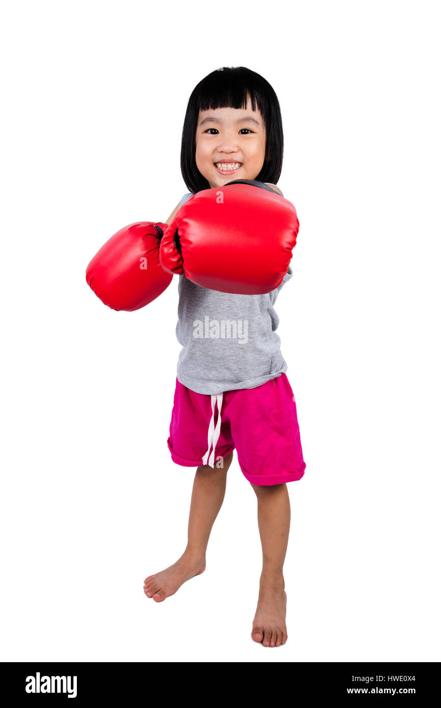 Asian Little Chinese Girl Wearing Boxing Glove in isolated white ...