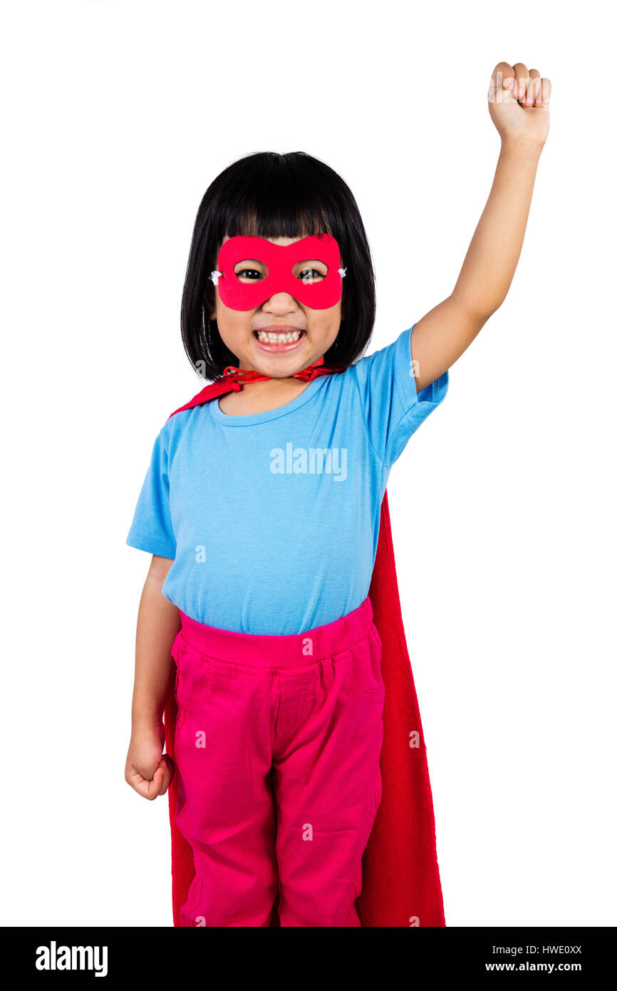 Asian Little Chinese Girl Wearing Super Hero Costume in isolated white ...