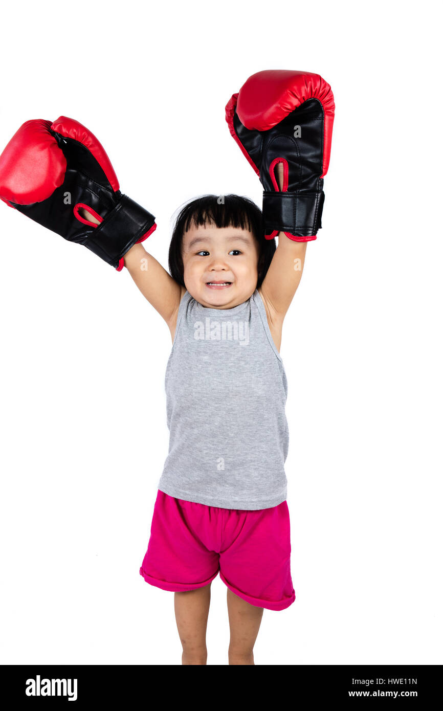 Asian Little Chinese Girl Wearing Boxing Glove with Hands Up Stock ...