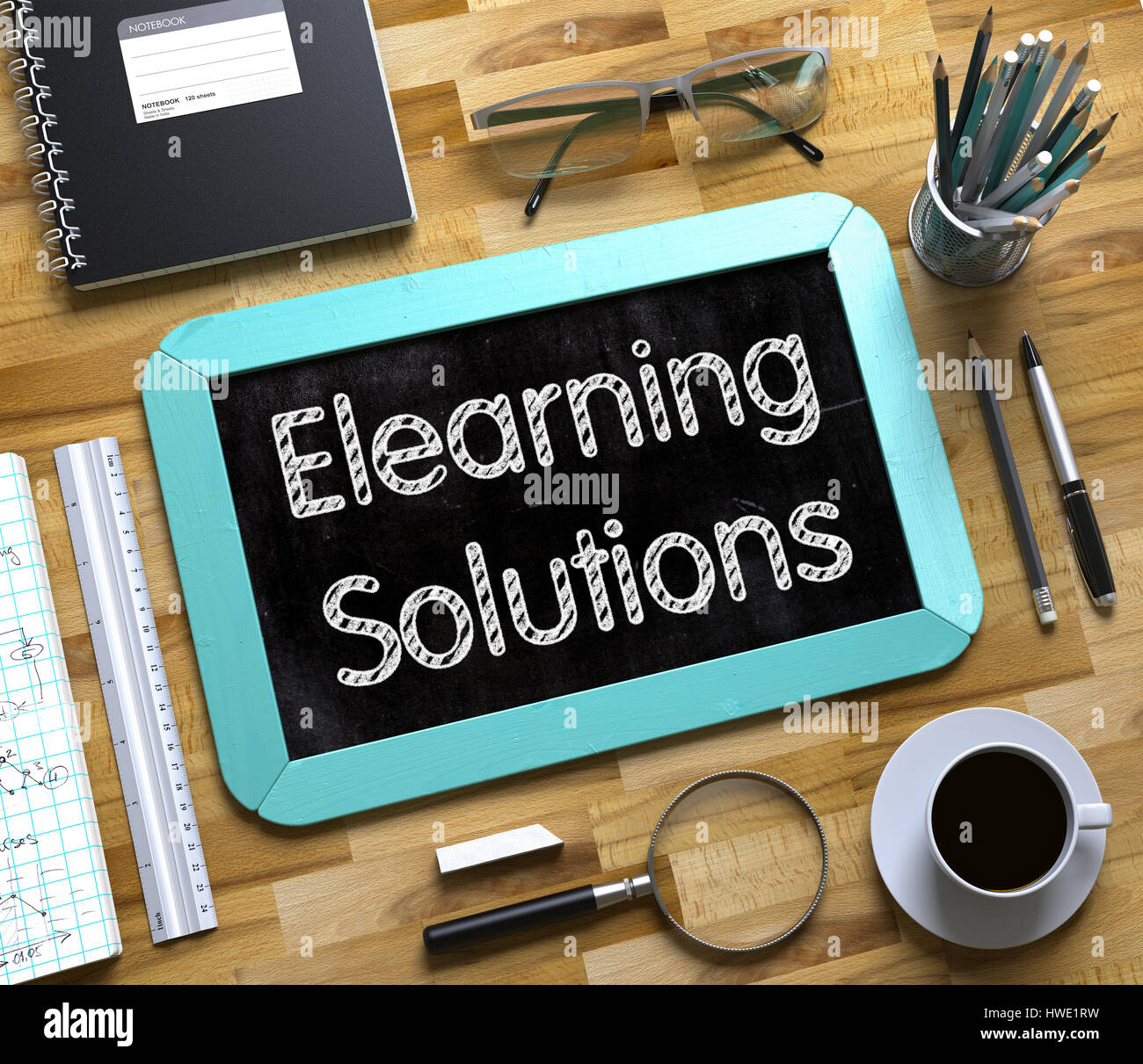 Small Chalkboard with Elearning Solutions. 3d Stock Photo - Alamy
