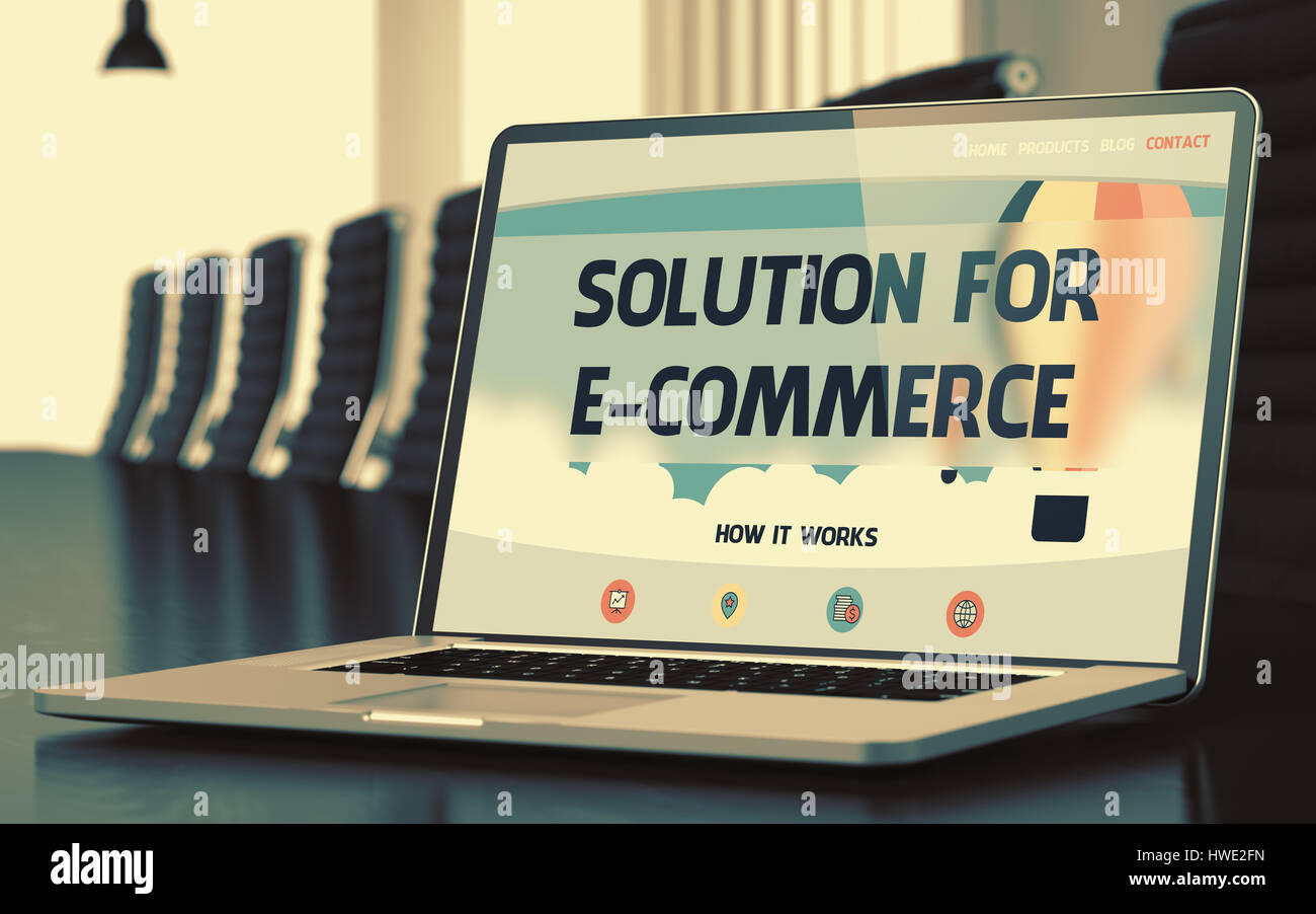 Solution For E-Commerce on Laptop in Meeting Room. 3d Stock Photo - Alamy