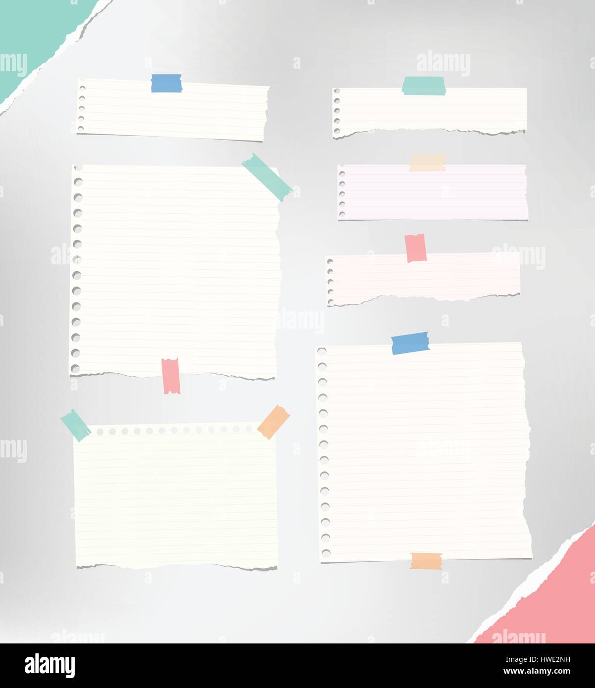 Ripped notebook, copybook, note strips, stuck with colorful sticky ...