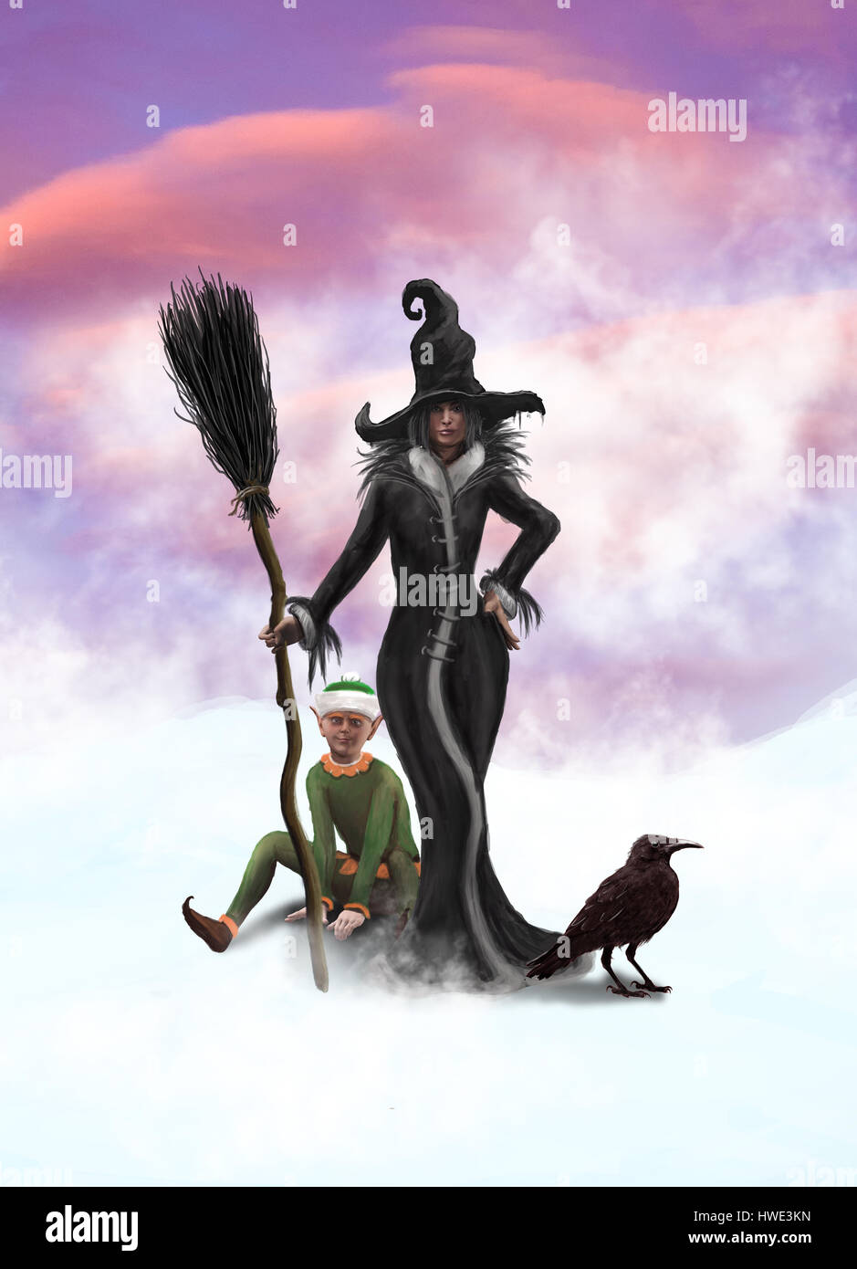 A witch, Elf and a raven on a winter background Stock Photo - Alamy