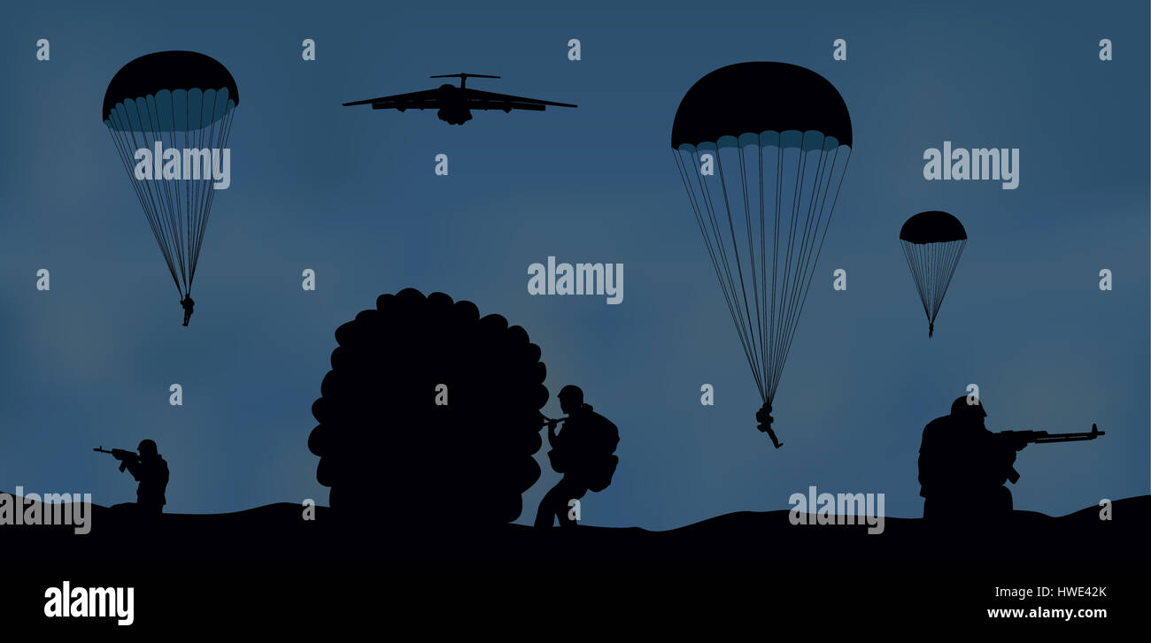 Illustration, airplane and paratroopers Stock Photo - Alamy