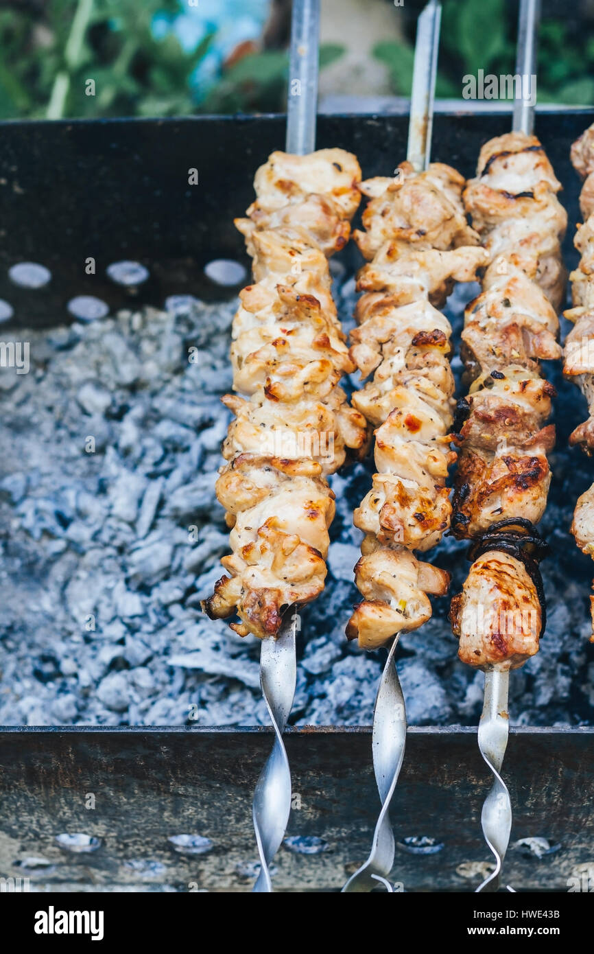 Cooking meat on the fire top view, shish kebab on skewers, smoke on the ...