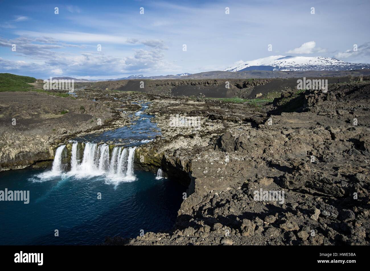 Waterfall, lake, rock, mountain, snow Stock Photo - Alamy