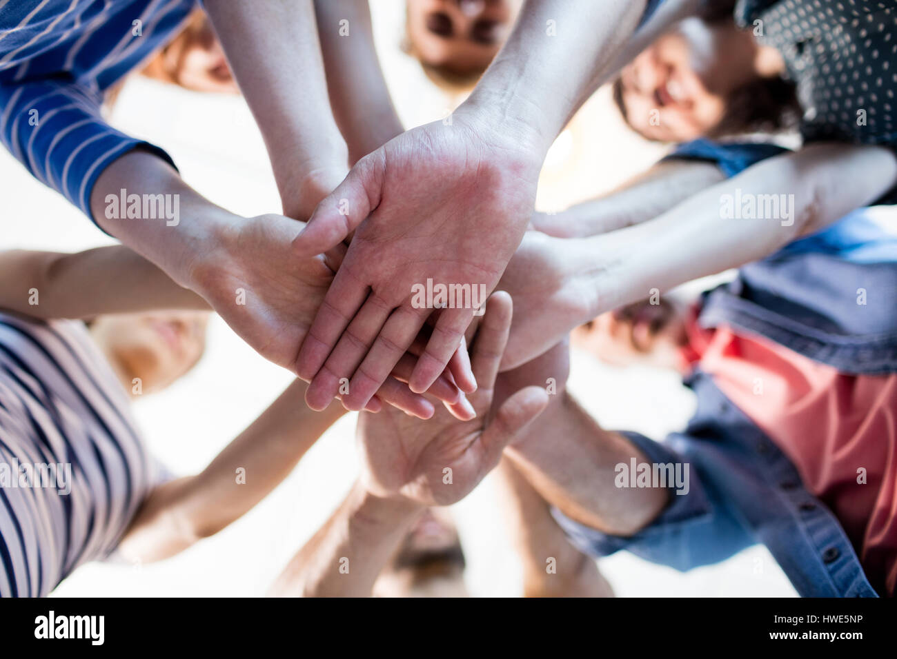 Creative business team stacking hands together in office Stock Photo ...