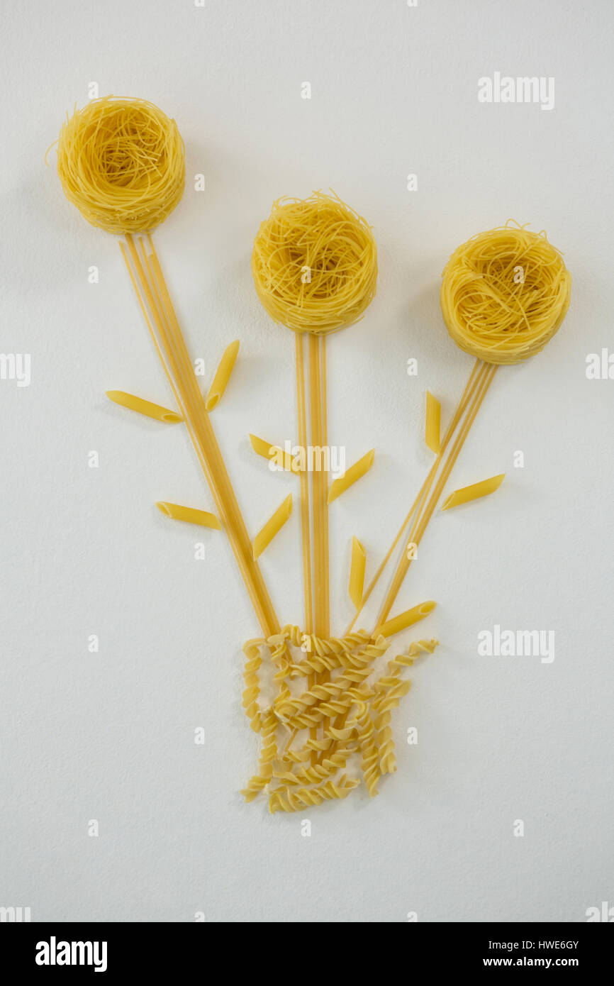 Varieties of pasta forming flower on white background Stock Photo - Alamy