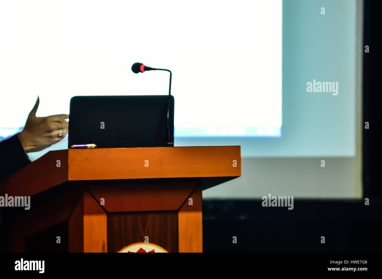 Empty podium in a lecture auditorium Stock Photo - Alamy