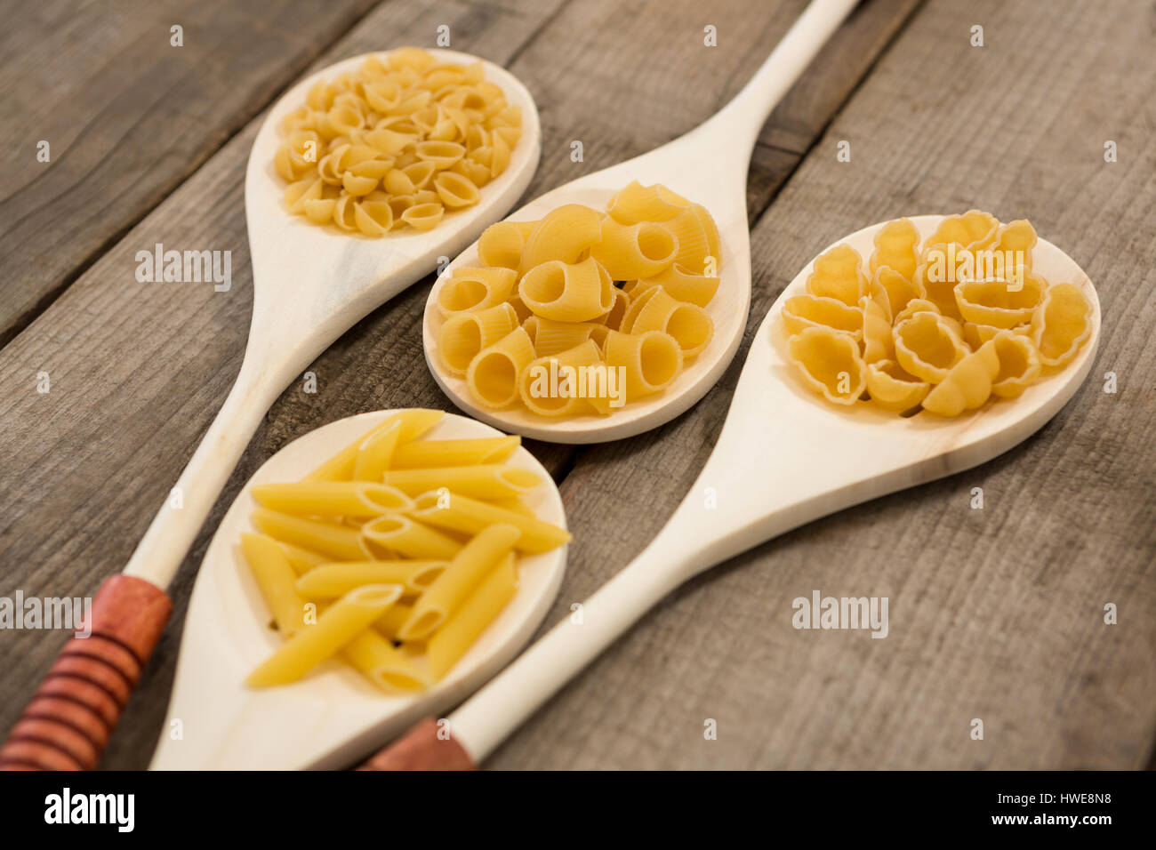 Spoons filled with varieties of pasta on white background Stock Photo ...