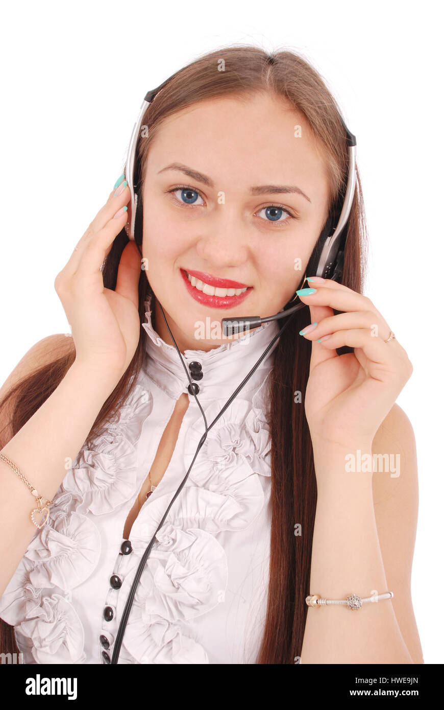 Beautiful customer service operator student girl with headset, isolated ...