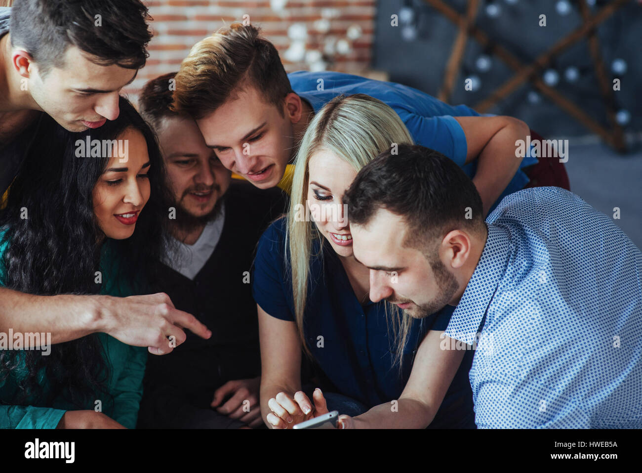 Group portrait of Cheerful old friends communicate with each other ...