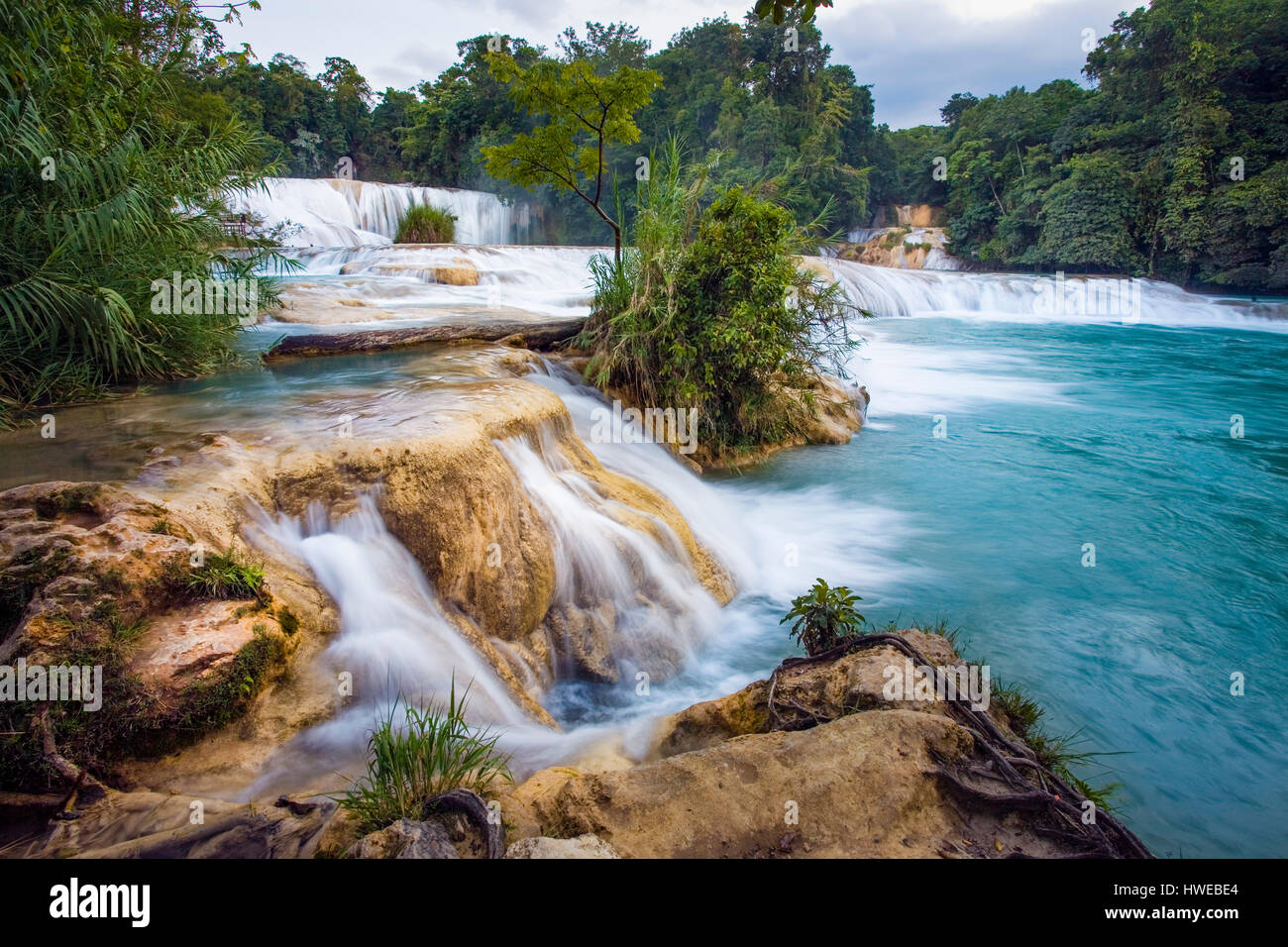 Agua Azul waterfalls flow into azure pools in Chiapas, Mexico Stock ...