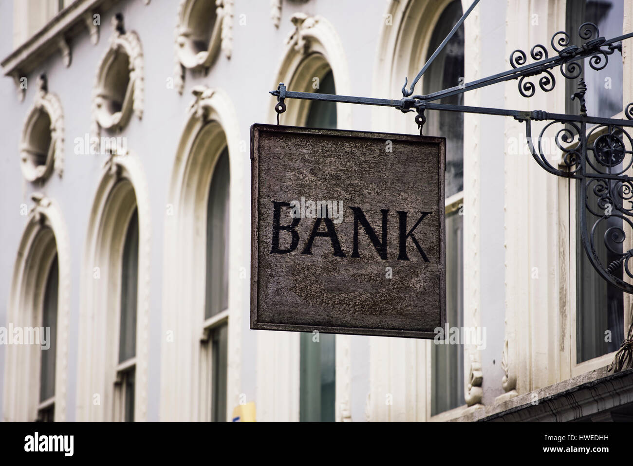 Bank sign and classic buildings - finance concept Stock Photo - Alamy