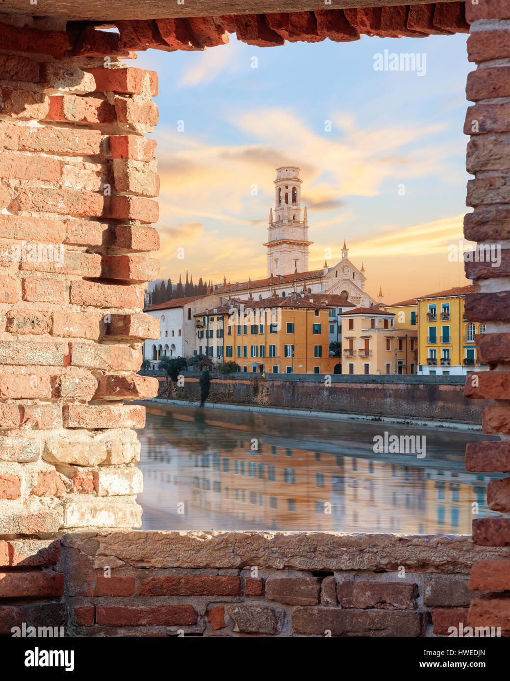 Old Verona town, view through brickwall window Stock Photo - Alamy