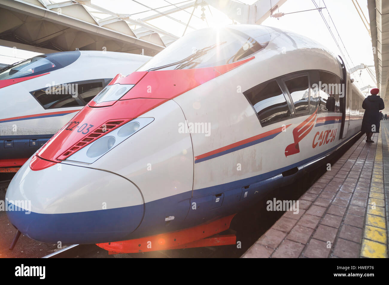 High-speed train Sapsan on the platform of the Leningrad railway ...