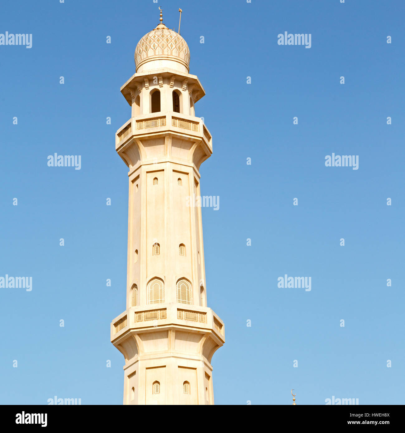 minaret and religion in clear sky in oman muscat the old mosque Stock ...