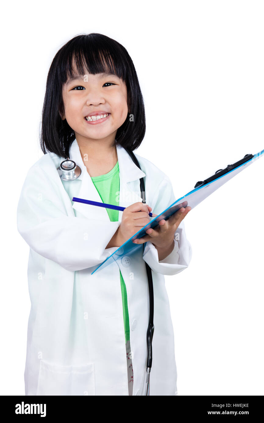 Smiling Asian Chinese Little Doctor Writting On Clip Board in isolated ...
