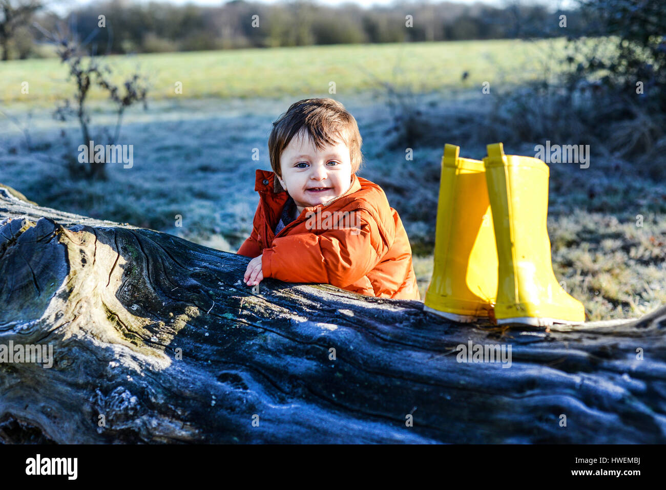 Portrait of baby boy, outdoors, in winter Stock Photo - Alamy