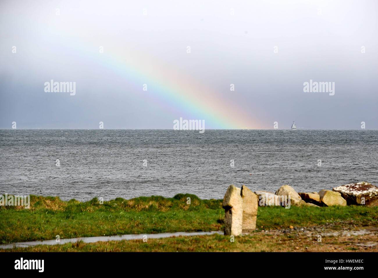A rainbow displays next to the Irish Naval Service vessel L.E. Eithne ...