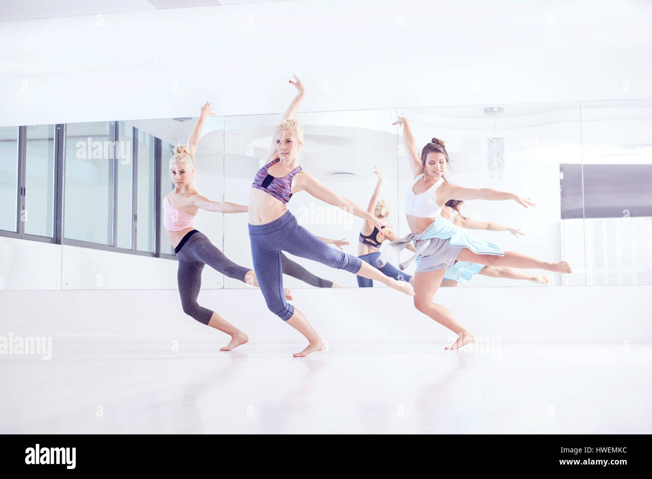 Young female ballet dancers practicing in dance studio, dancing on one ...
