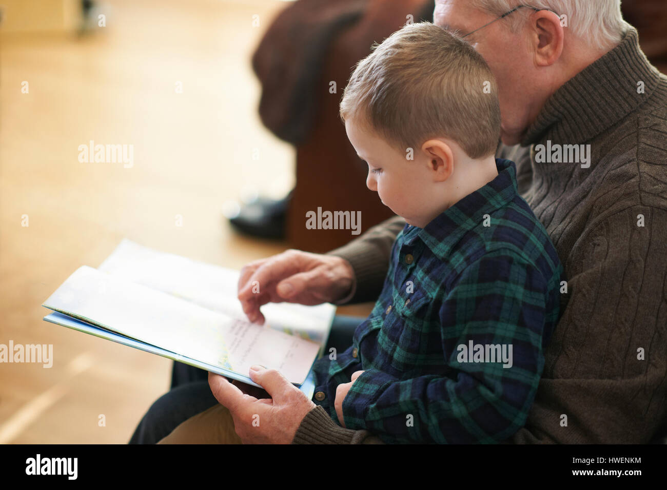 Boy sitting on grandfather's lap reading book Stock Photo - Alamy