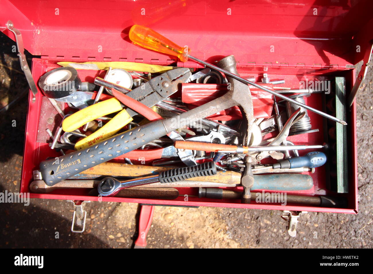 An open, red toolbox with various tools inside Stock Photo - Alamy
