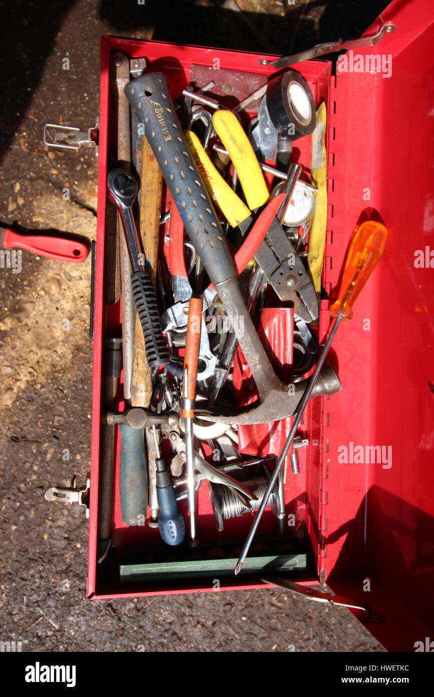 An open, red toolbox with various tools inside Stock Photo - Alamy