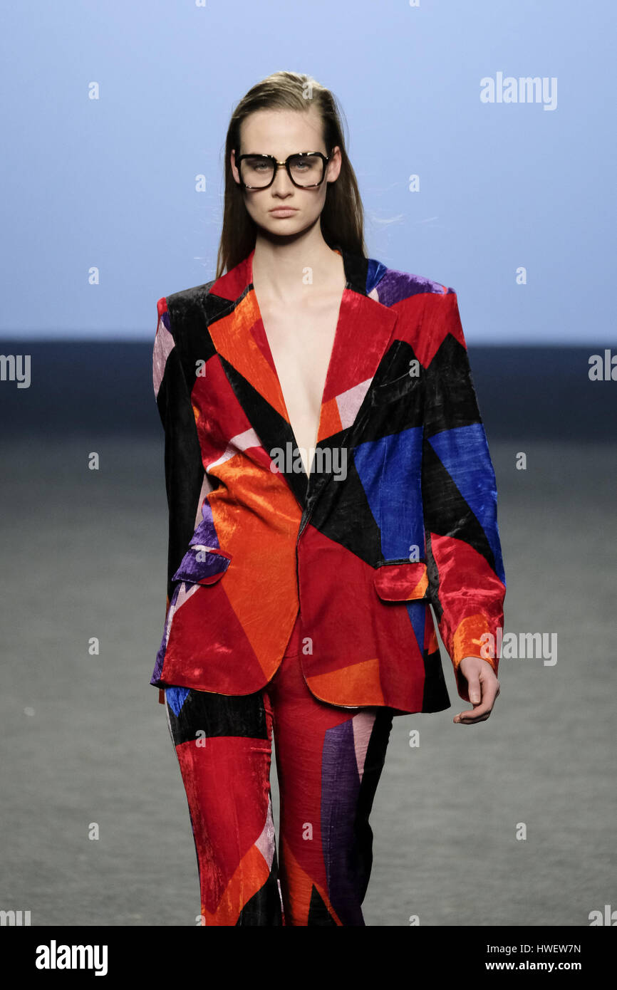 A model wearing designs by Maria Escote during the Mercedes-Benz Madrid ...