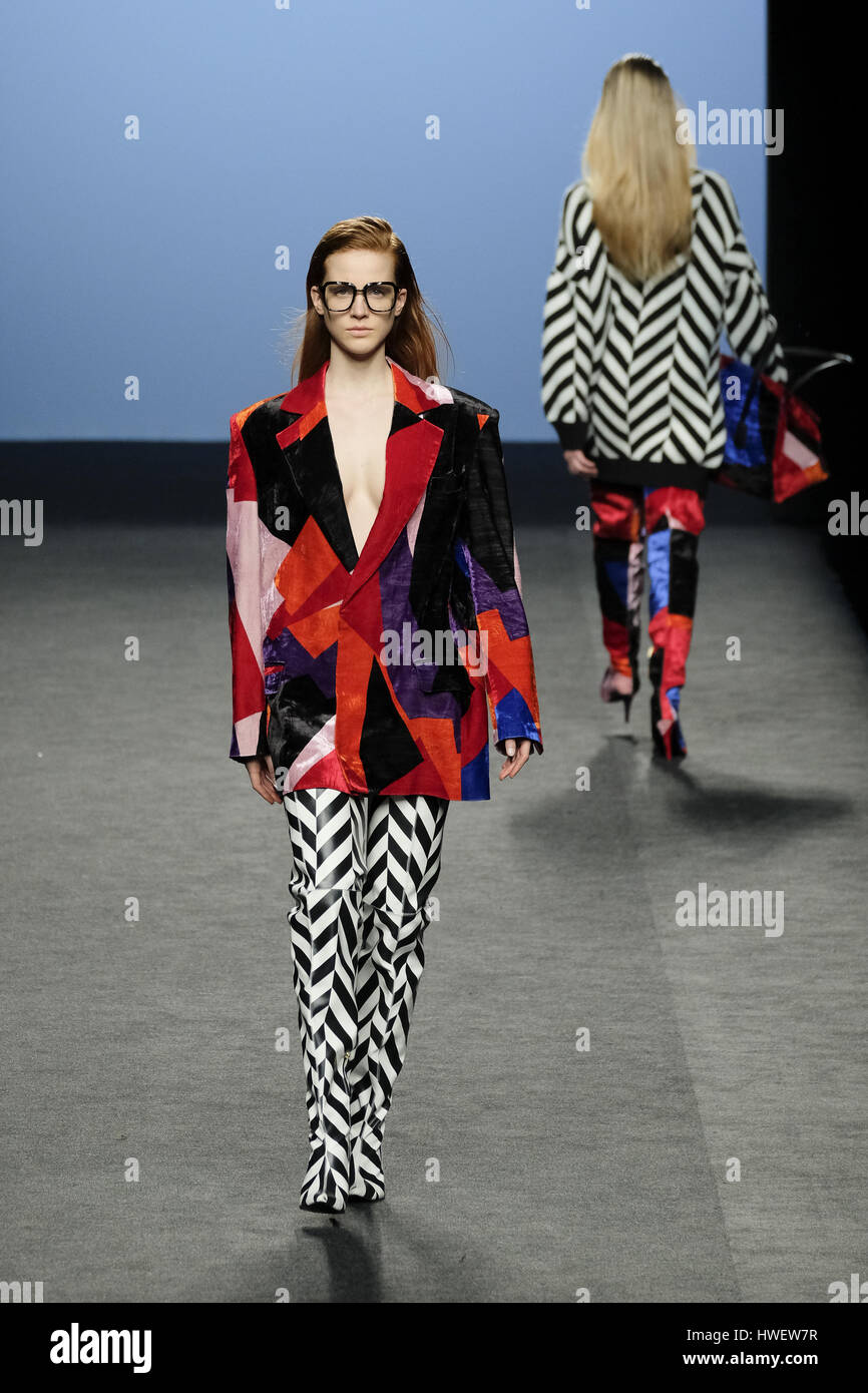 A model wearing designs by Maria Escote during the Mercedes-Benz Madrid ...