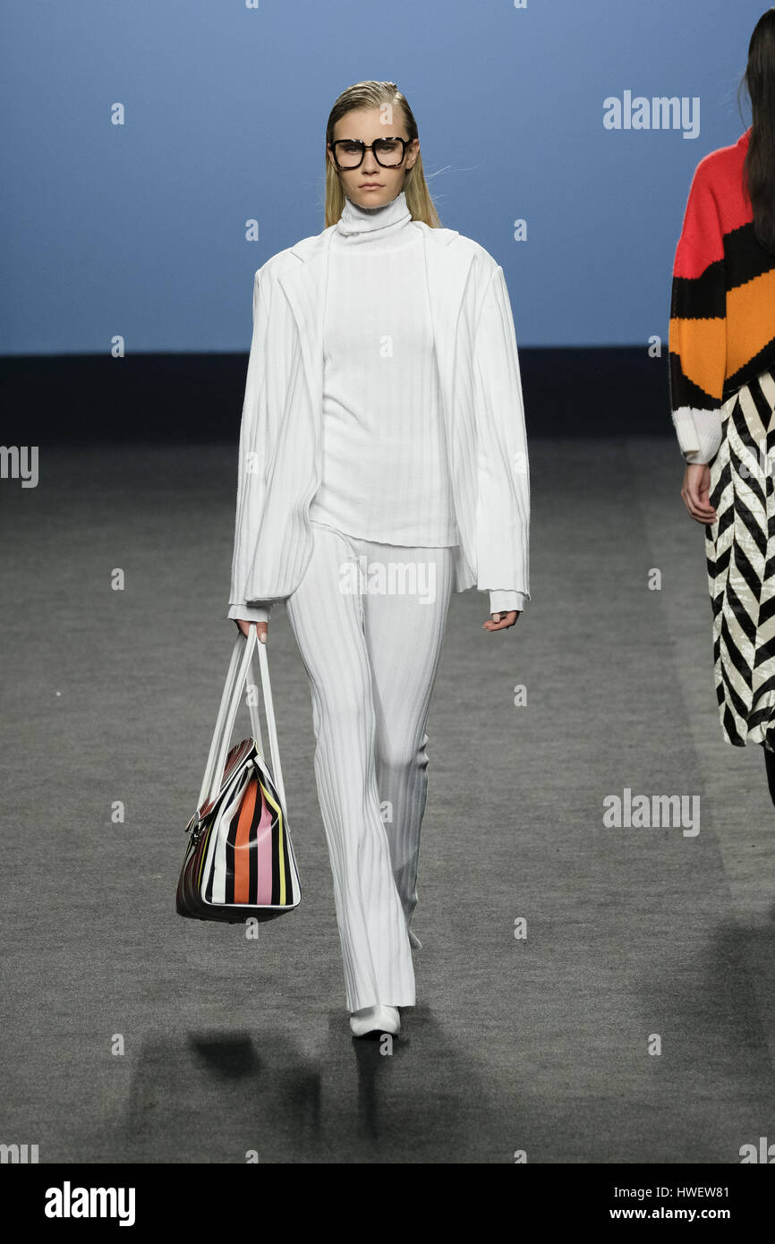 A model wearing designs by Maria Escote during the Mercedes-Benz Madrid ...