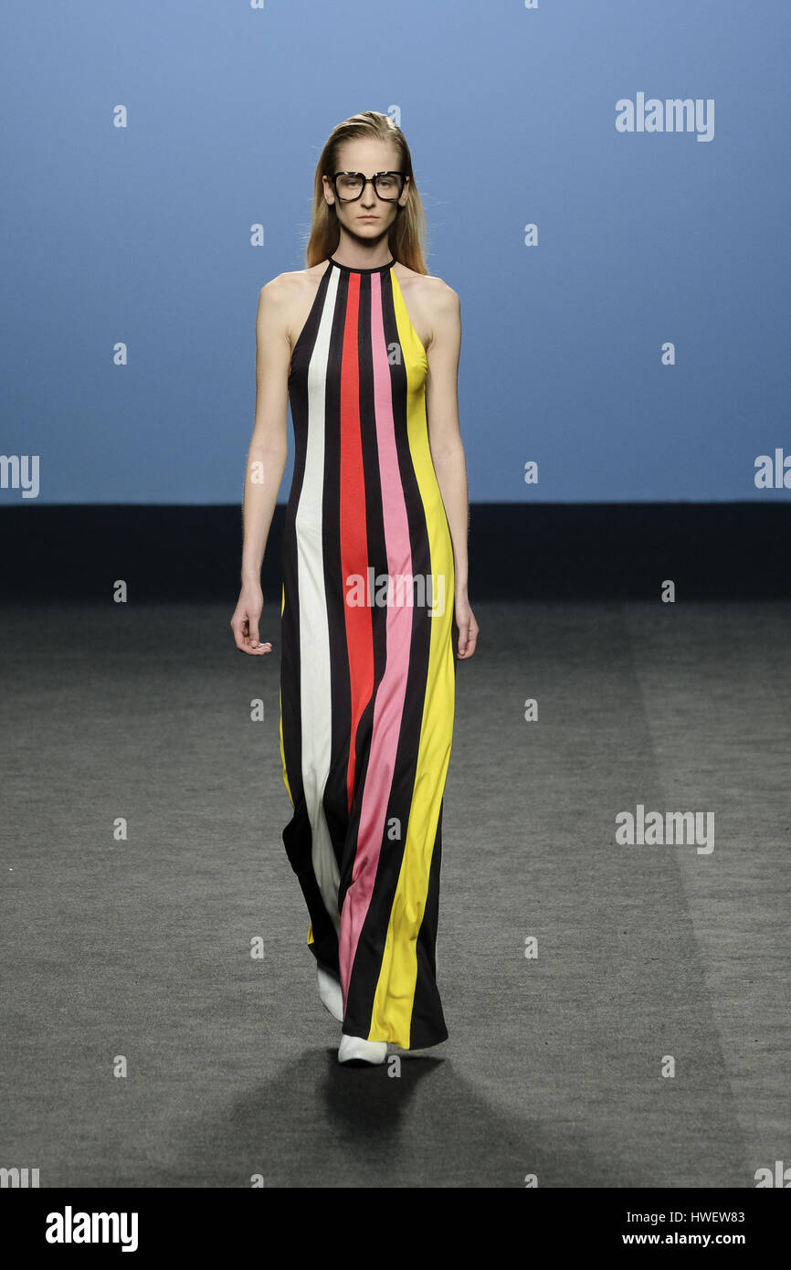 A model wearing designs by Maria Escote during the Mercedes-Benz Madrid ...