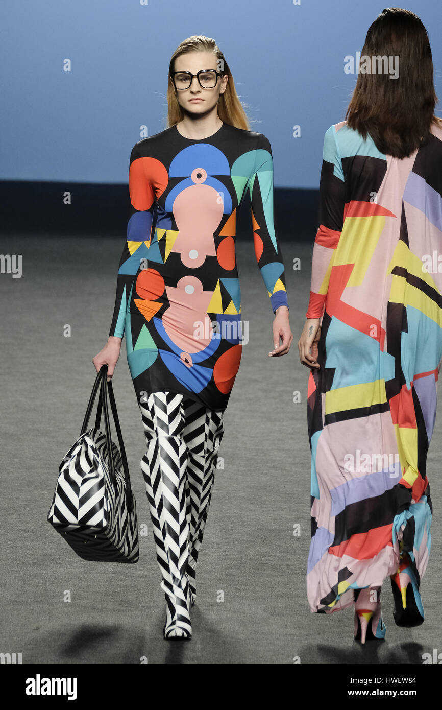 A model wearing designs by Maria Escote during the Mercedes-Benz Madrid ...