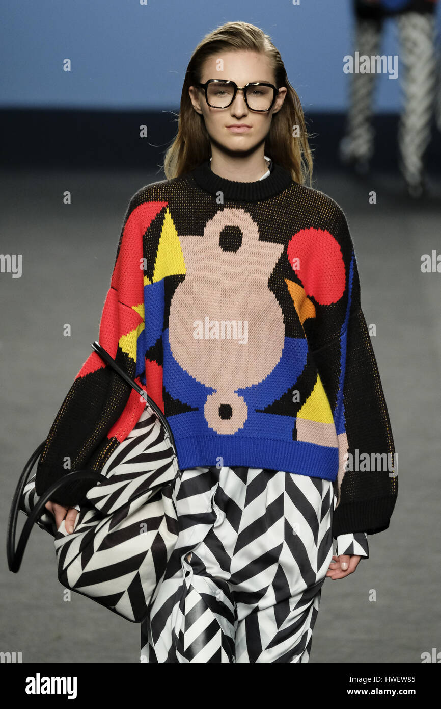 A model wearing designs by Maria Escote during the Mercedes-Benz Madrid ...