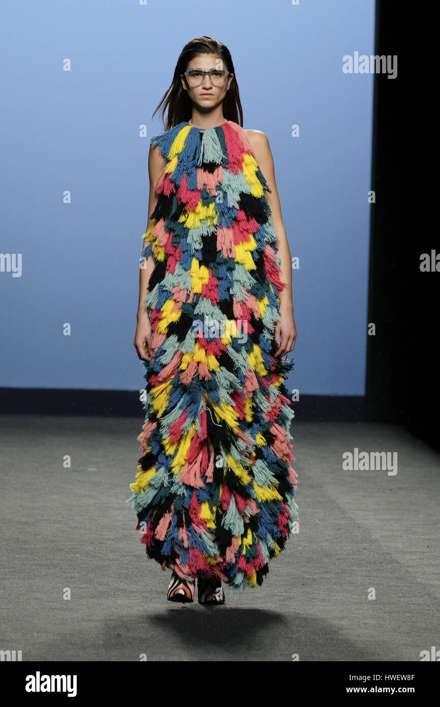 A model wearing designs by Maria Escote during the Mercedes-Benz Madrid ...